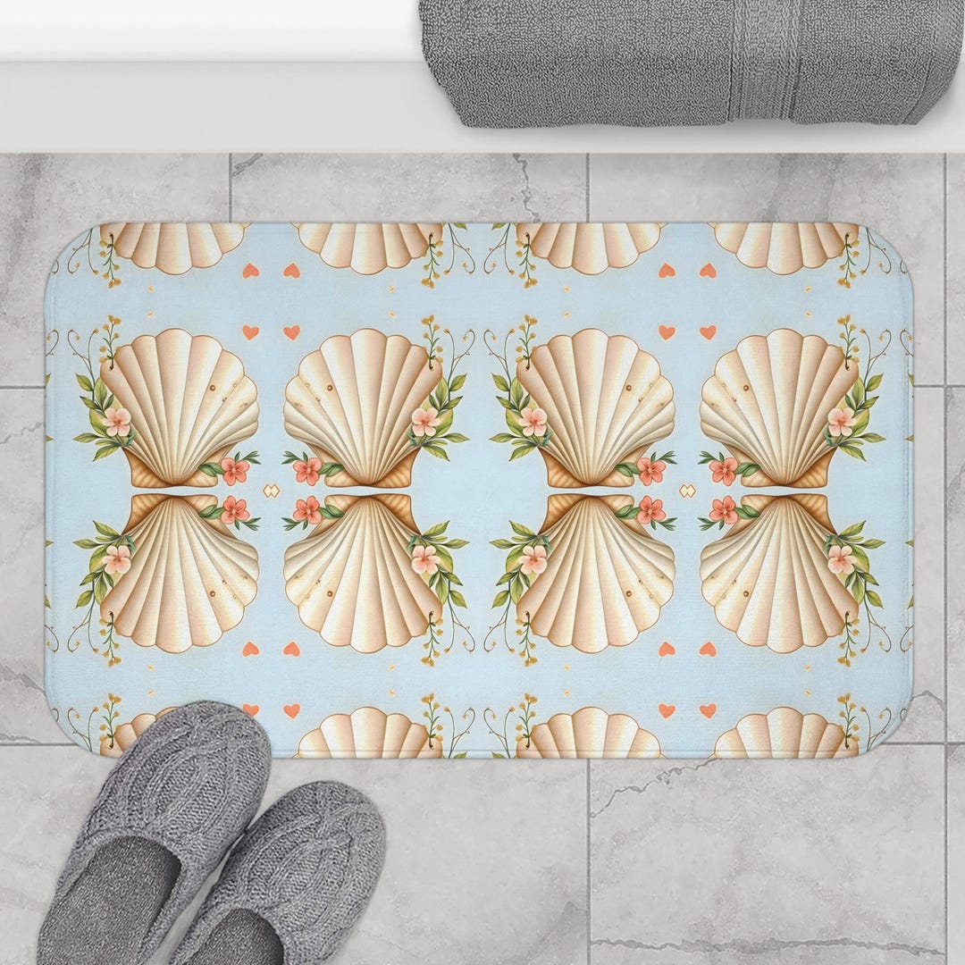 Seashell Pattern Bath Mat, Coastal Cottage Bath Mat, Beach House Bath ...