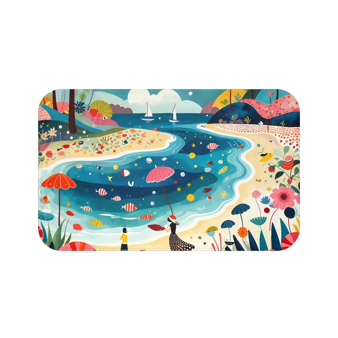 Boho Coastal Bath Mat, Quirky Colorful Bath Mat, Artistic Bath Mat ...