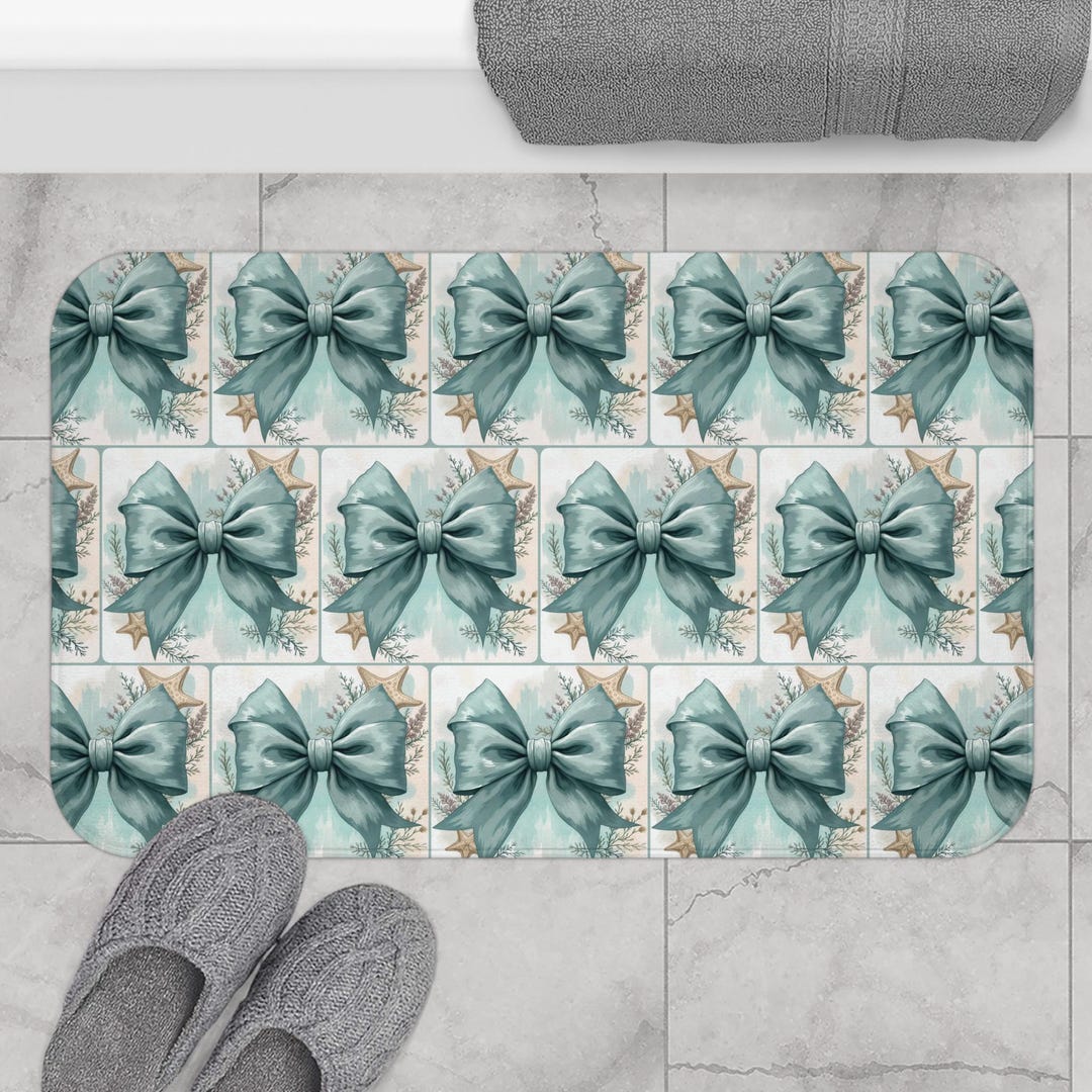 Coquette Bow & Starfish Bath Mat - Coastal Cottage Bath Mat, Beach Chic ...