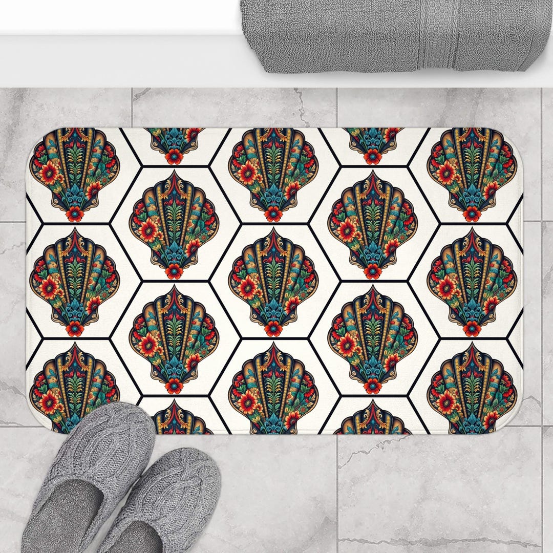Bohemian Seashell Floral Bath Mat, Tropical Bath Mat, Coastal Bath Mat ...