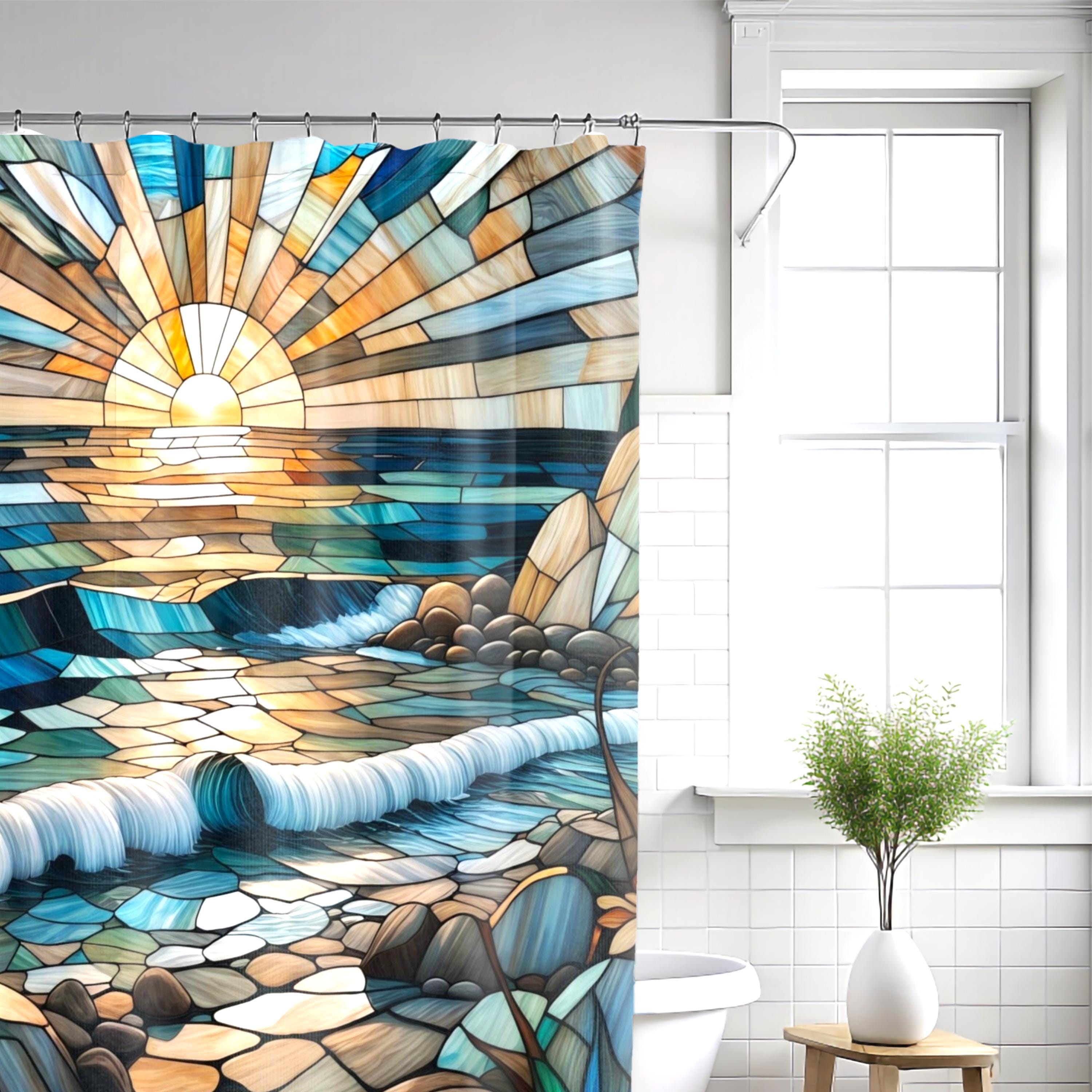 Coastal Stained Glass Beach Shower Curtains, Coastal, Moody Coastal ...