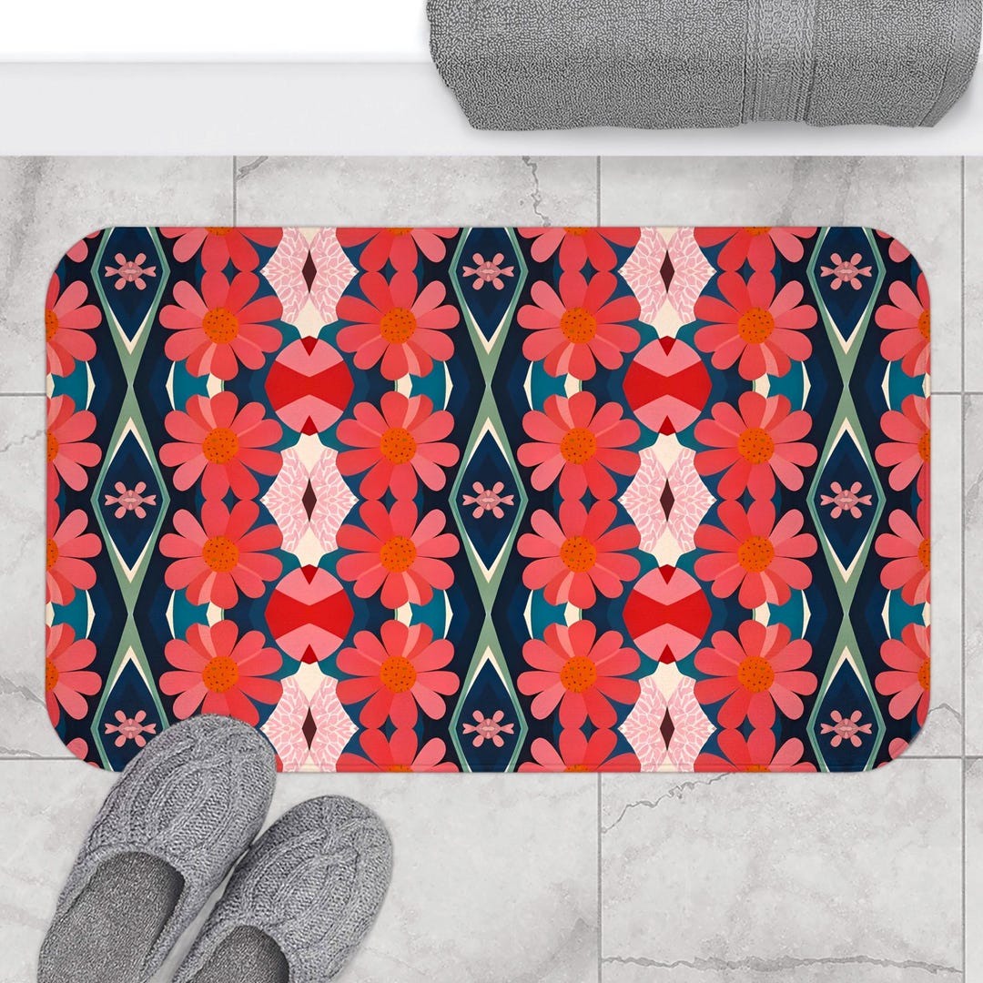 Colorful Boho Bath Mat, Floral Bath Mat, Striped Pattern Bath Mat ...