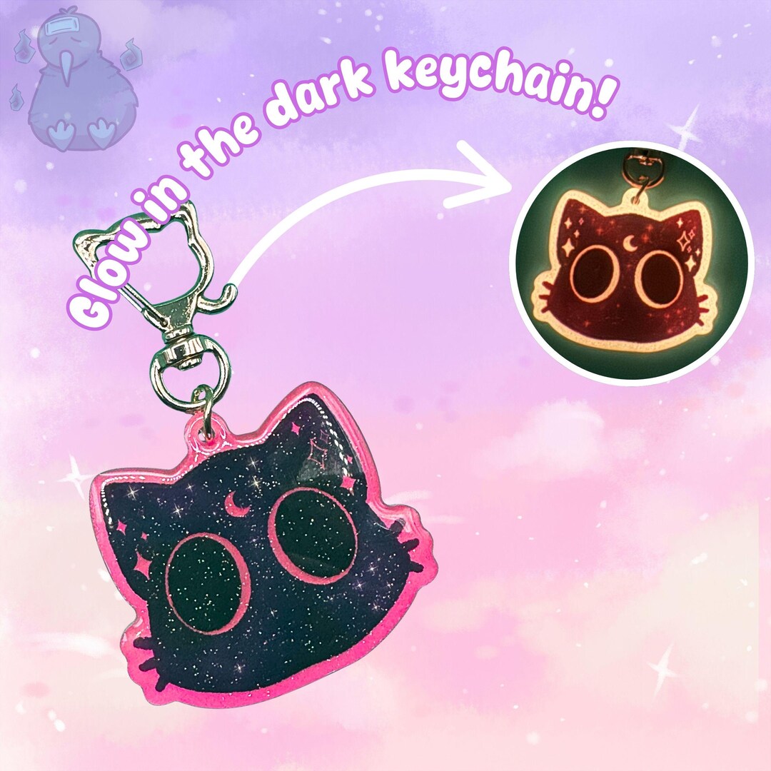 Glow in the Dark Cat Keychain: Holographic Glitter Acrylic, UV Reactive ...