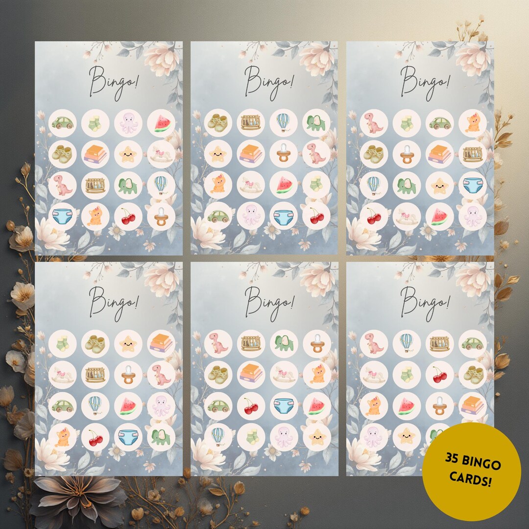 Blue Floral Gender Reveal Bingo Printable | 35 Baby Shower Bingo Cards ...