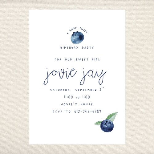 Cute Blueberry Birthday Invitation Blueberries Blueberry | Etsy