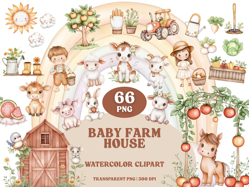 Watercolor Farm Animals Clipart Bundle: Baby Shower Decor (digital ...