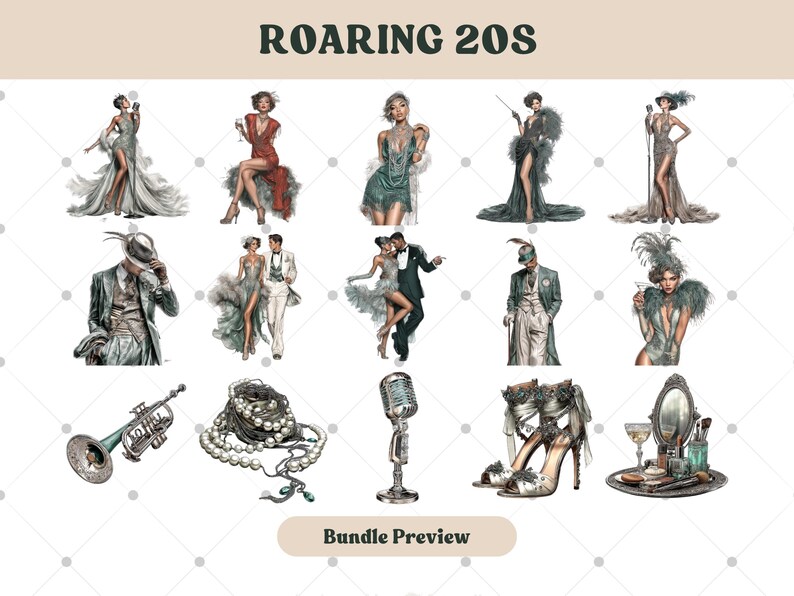 Roaring 20s Clipart Bundle: Watercolor Flapper Girls, Jazz Instruments ...