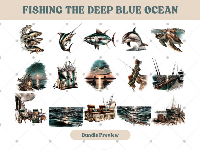 Watercolor Fishing Clipart Bundle: Nautical Illustrations, Coastal ...