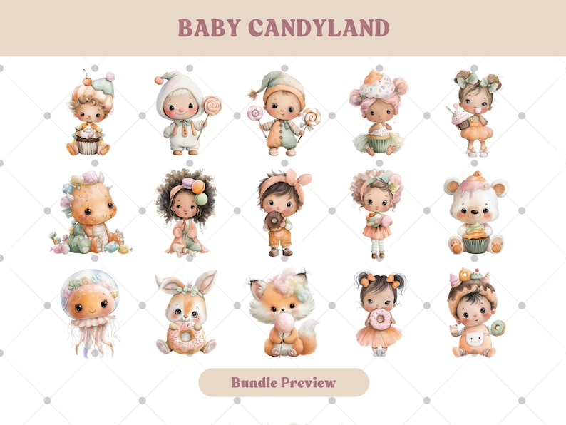 Baby Candyland Watercolor Clipart | Lollipops, Donuts, Cotton Candy ...