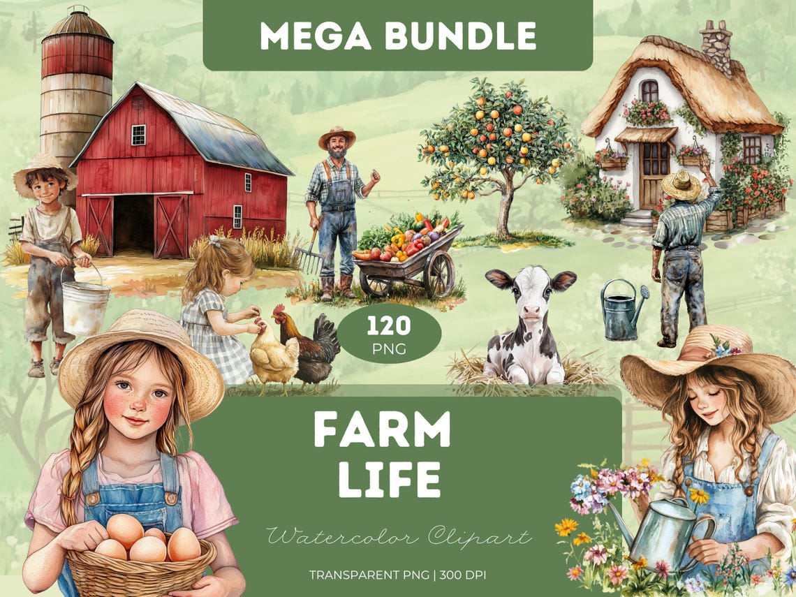 Farm Animals Watercolor Clipart Bundle: Rustic Homestead PNG (digital ...