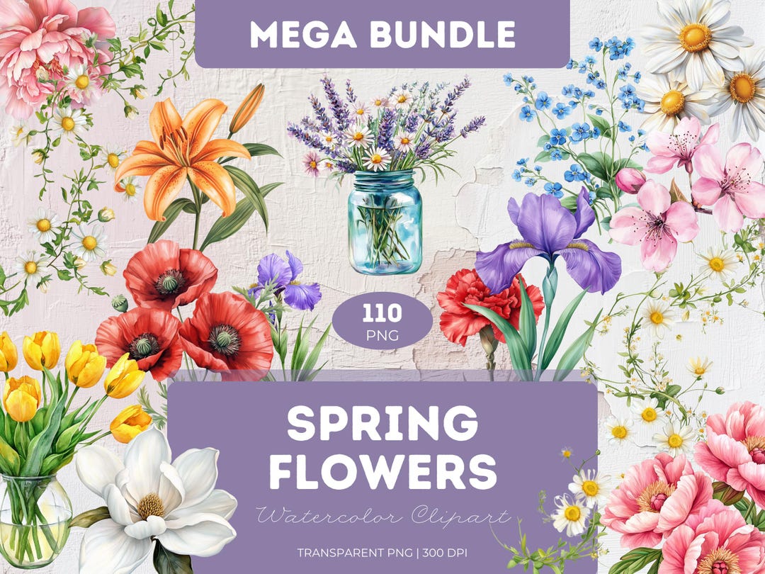 Watercolor Spring Flowers Clipart: Floral Bouquets, Botanical PNG ...