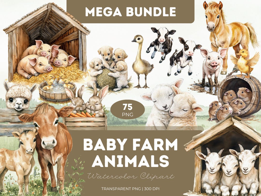 Watercolor Baby Farm Animals Clipart: Barnyard PNG Bundle (digital ...