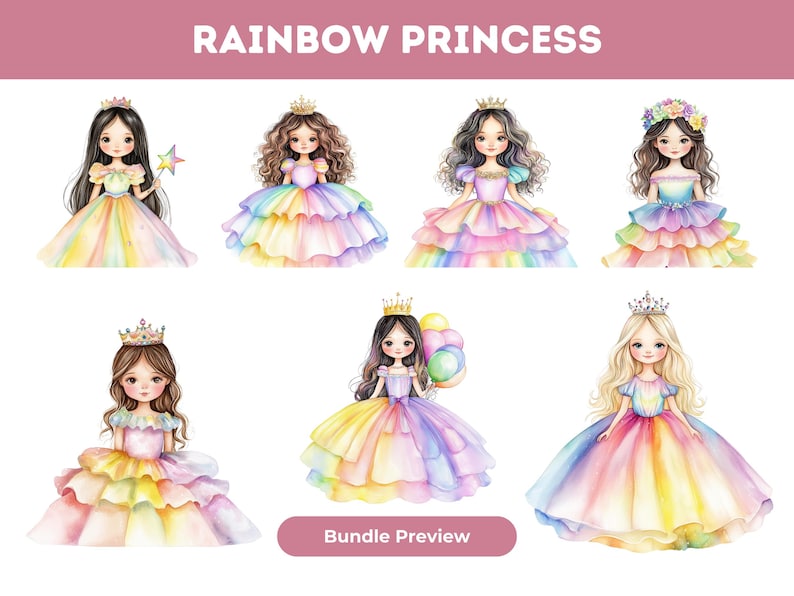 Rainbow Princess Clipart Bundle: Watercolor Unicorns, Castles (PNG) - Etsy