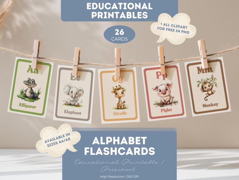 Alphabet Flashcards for Kids Printable PDF A to Z Learning Cards A6 A8 ...