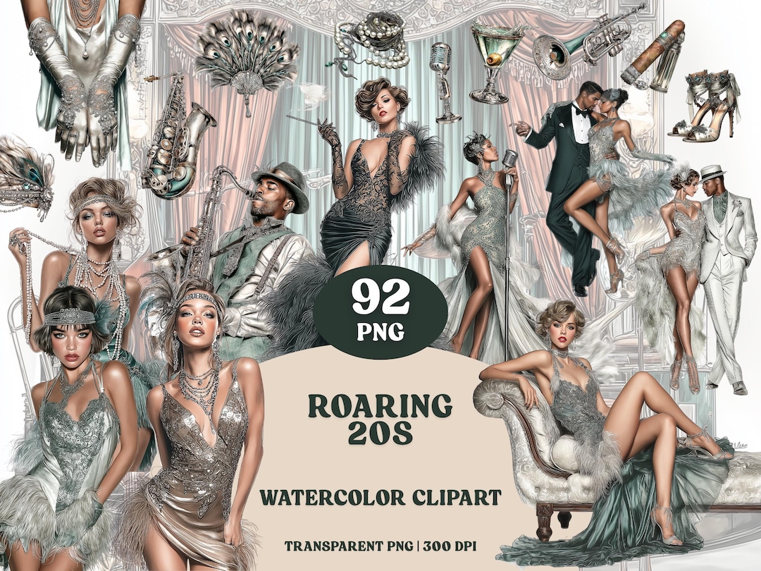 Roaring 20s Clipart Bundle: Watercolor Flapper Girls, Jazz Instruments ...