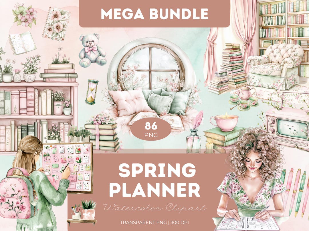 Spring Planner Clipart: Watercolor Floral Cozy Books (86 PNG) - Etsy