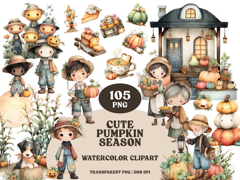 Watercolor Pumpkin Clipart Bundle: Fall Harvest, Scarecrows (105 PNG ...