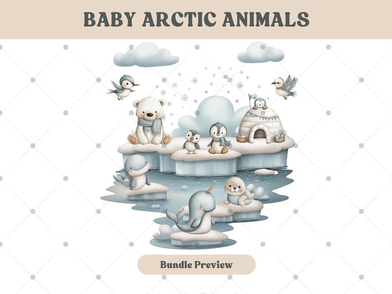 Baby Arctic Animals Clipart: Watercolor Winter Nursery Decor (50 PNG ...