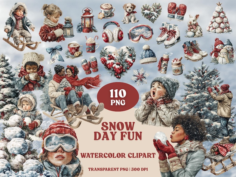 Cozy Winter Clipart Watercolor | Snow Day, Sleds, Snowmen, Mittens, Ice ...