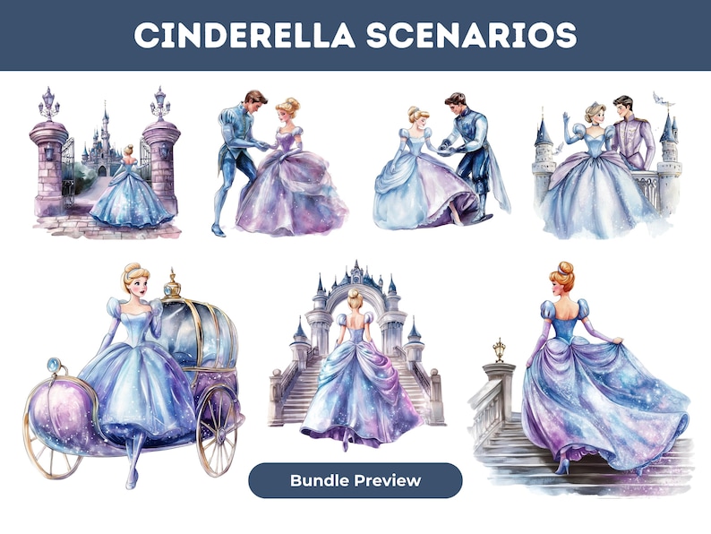 Cinderella Watercolor Clipart Bundle: Fairy Tale Princess PNG (digital ...