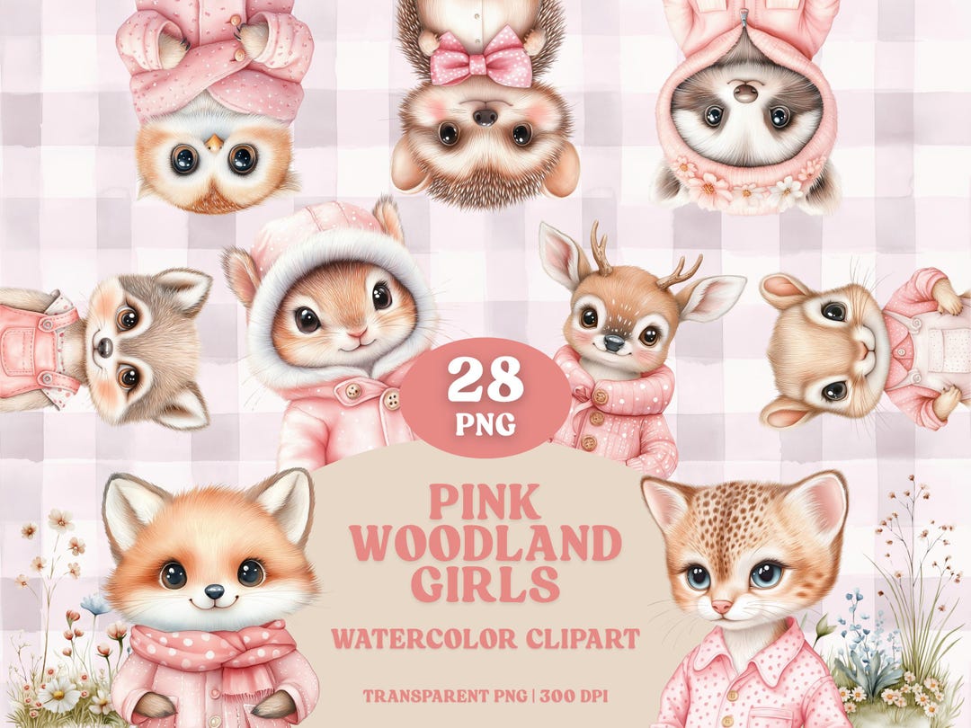 Pink Woodland Animals Clipart: Watercolor Nursery Decor (28 PNG Files ...