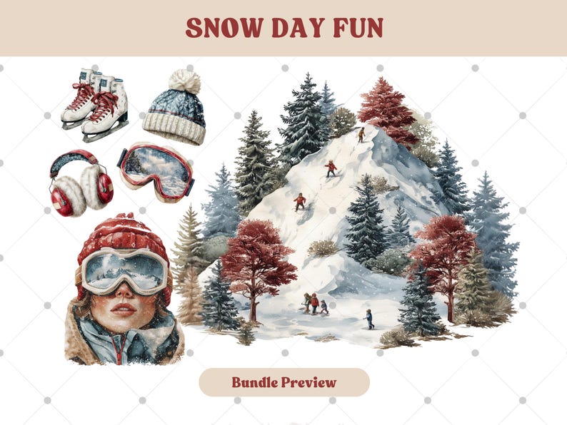 Cozy Winter Clipart Watercolor | Snow Day, Sleds, Snowmen, Mittens, Ice ...