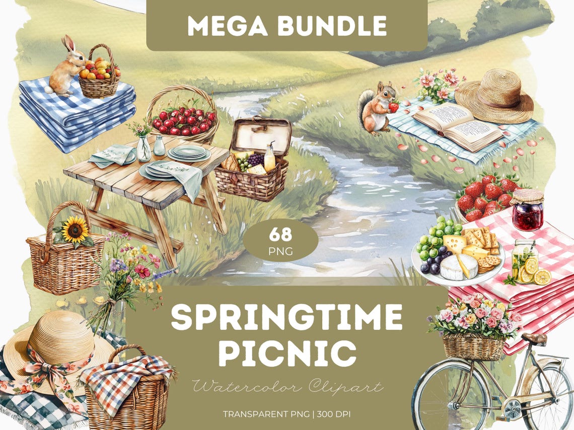 Springtime Picnic Clipart: Watercolor Cottagecore Mega Bundle (PNG) - Etsy