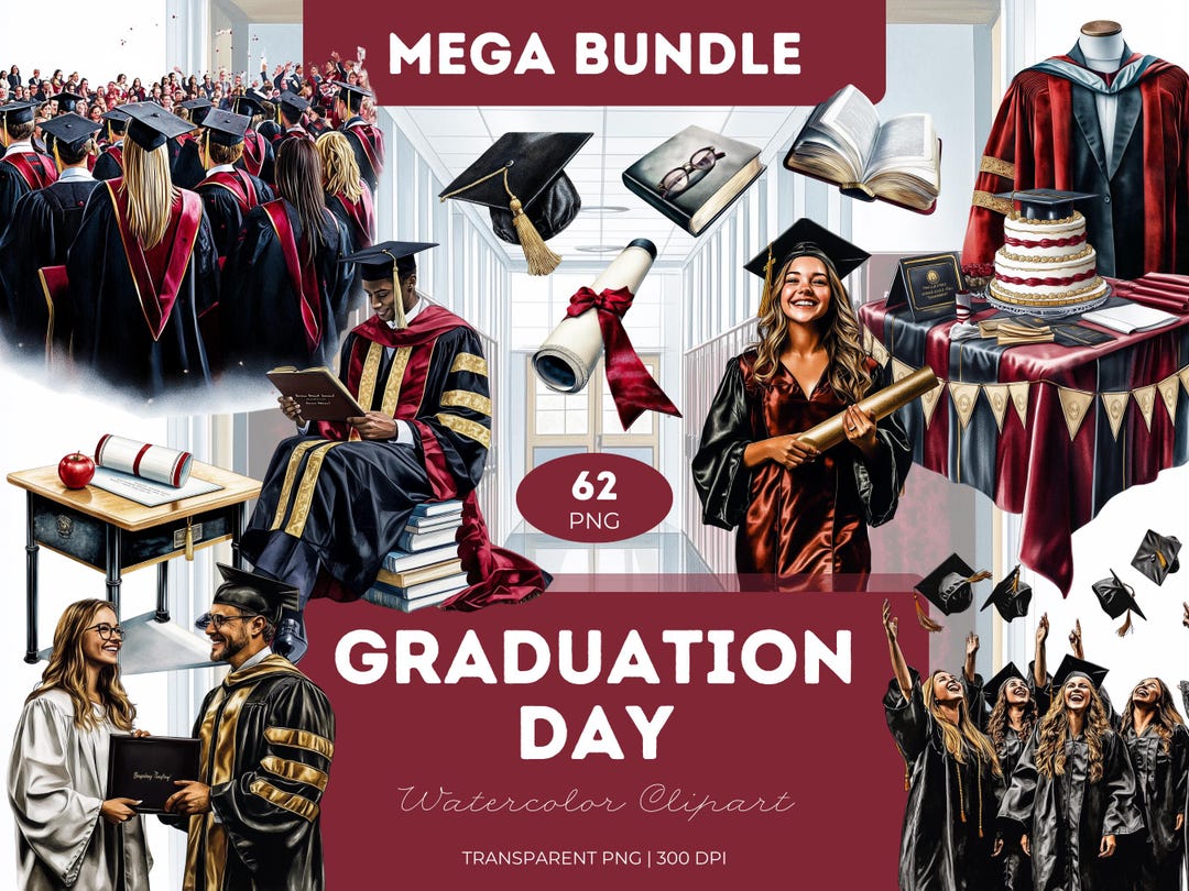 Graduation Watercolor Clipart Bundle: Class of 2025 (PNG, Digital ...