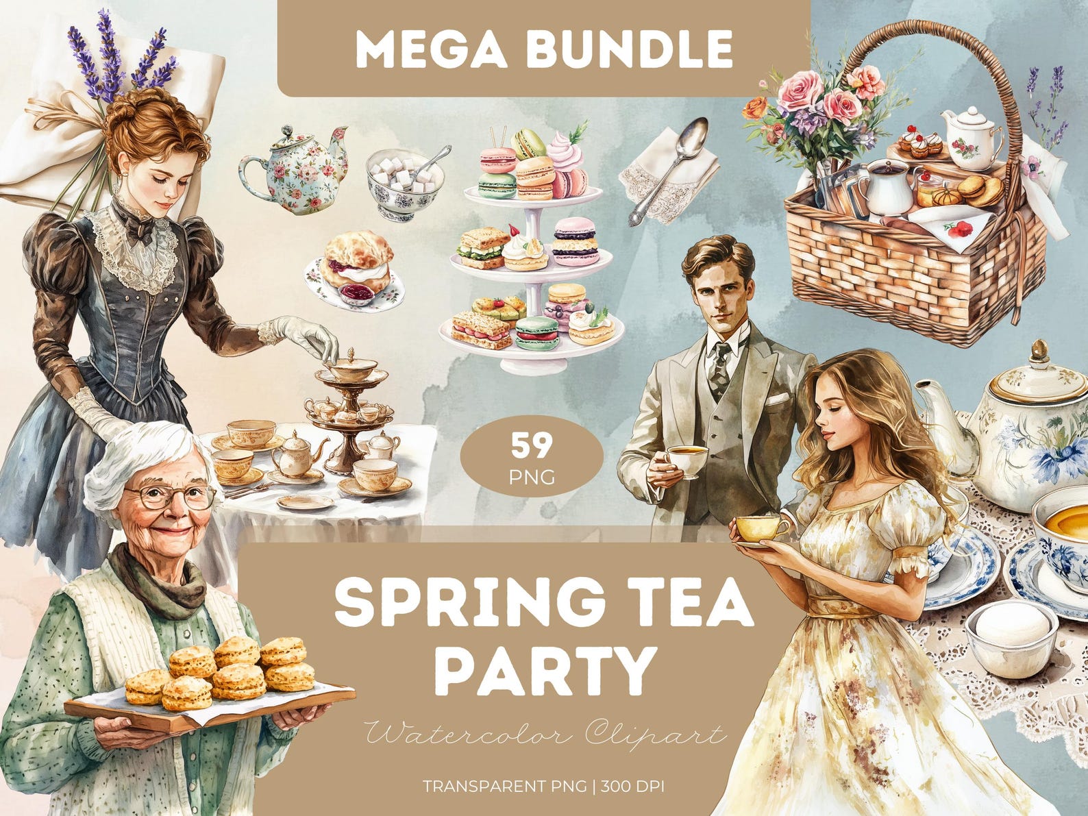 Vintage Tea Party Clipart: Watercolor Floral Afternoon (59 PNG) - Etsy