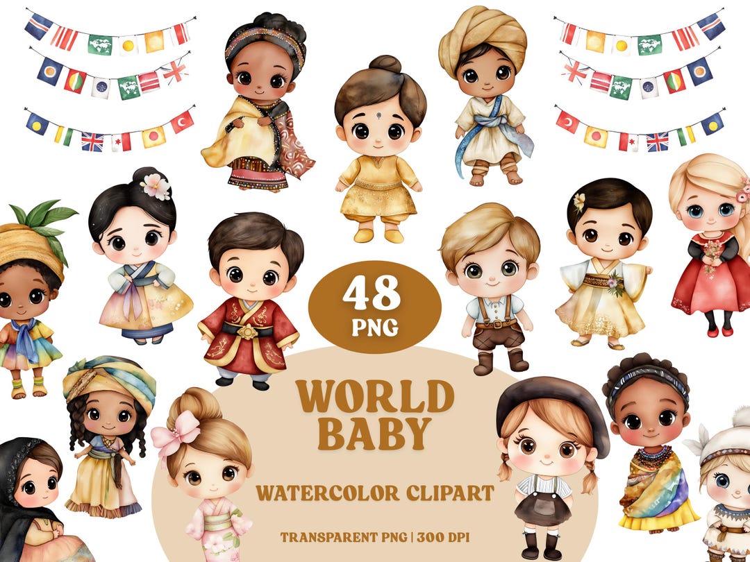 Multicultural Baby Clipart Bundle: Watercolor World Costumes (PNG Files ...