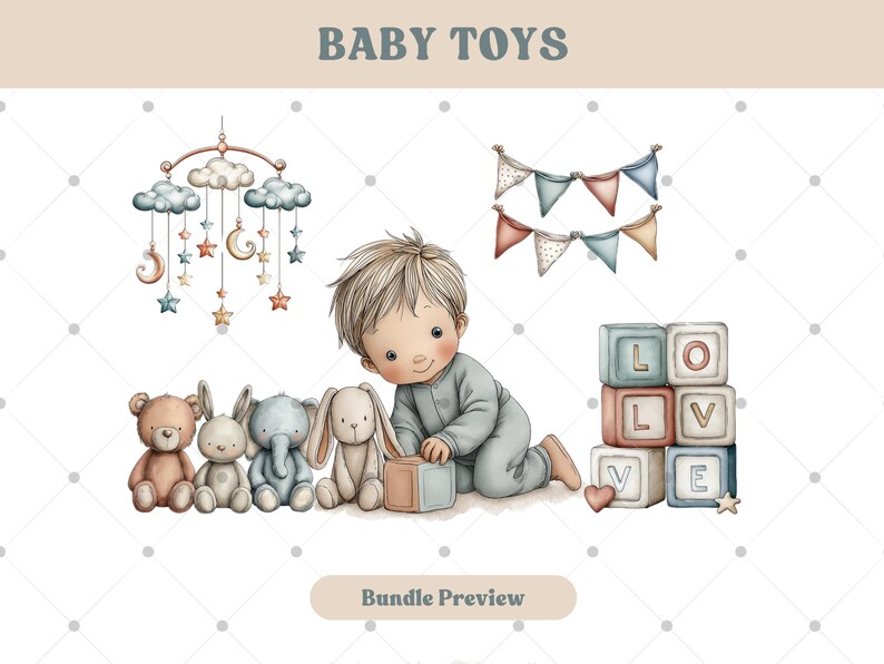 Watercolor Baby Toys Clipart: 64 PNG Nursery Decor Elements (digital ...