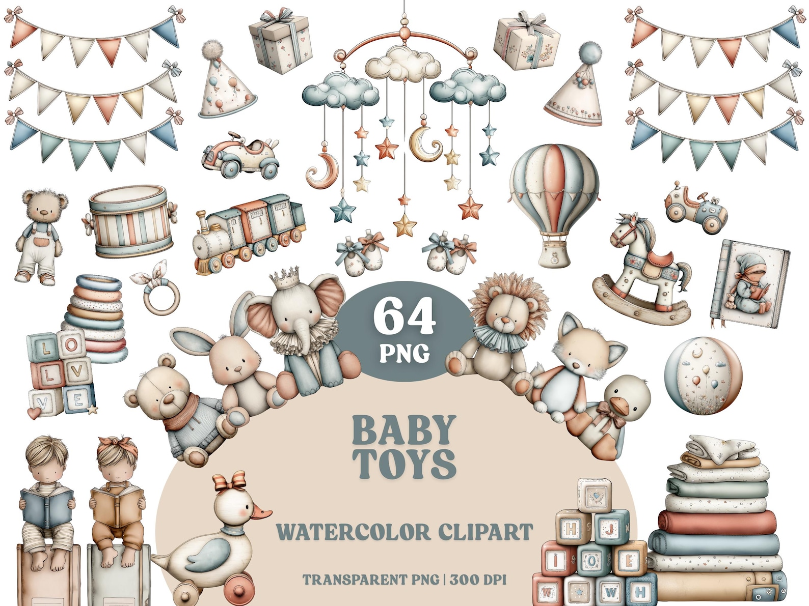 Watercolor Baby Toys Clipart: 64 PNG Nursery Decor Elements (digital ...