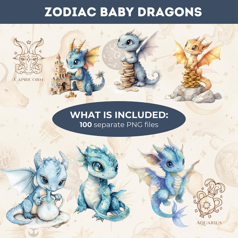 Zodiac Dragons Clipart Bundle, Watercolor Pngs 100 Cute Kids Designs ...