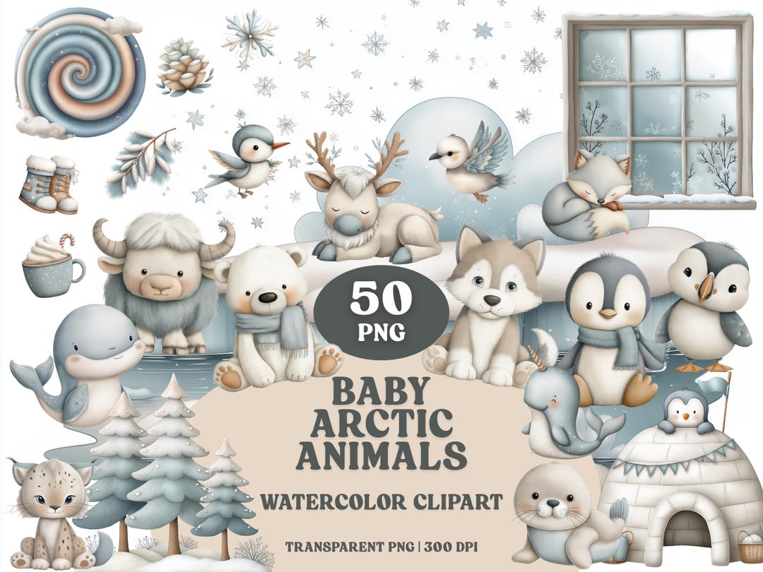 Baby Arctic Animals Clipart: Watercolor Winter Nursery Decor (50 PNG ...