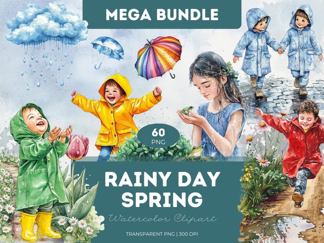 Rainy Day Spring Watercolor Clipart Mega Bundle – 60 Pngs, Kids in ...