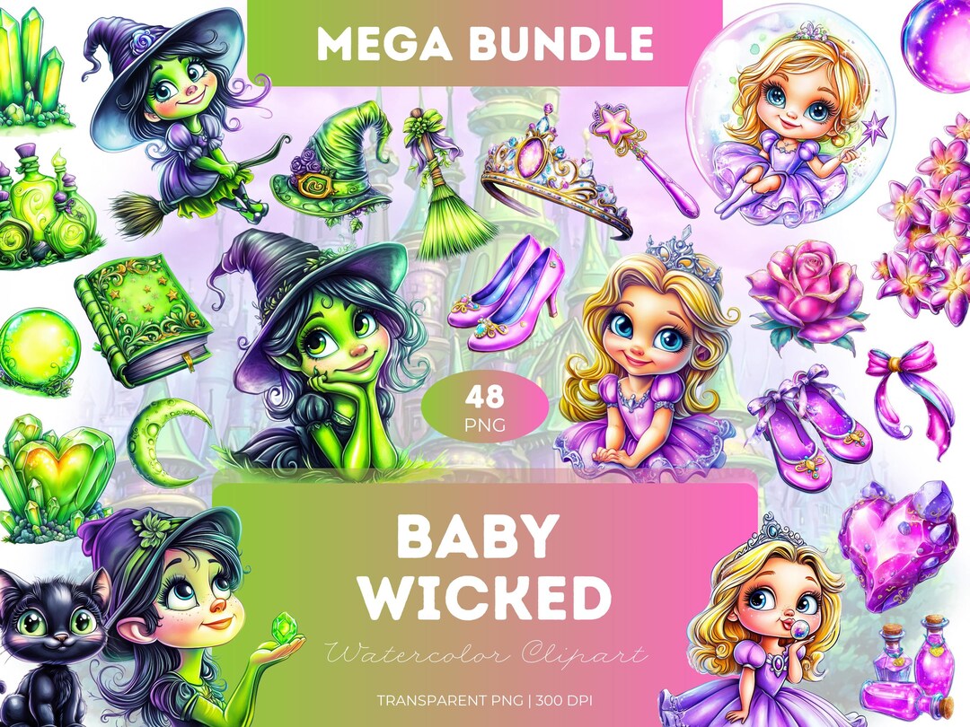 Wicked Watercolor Clipart: Elphaba, Glinda, Witch PNG Bundle (digital ...