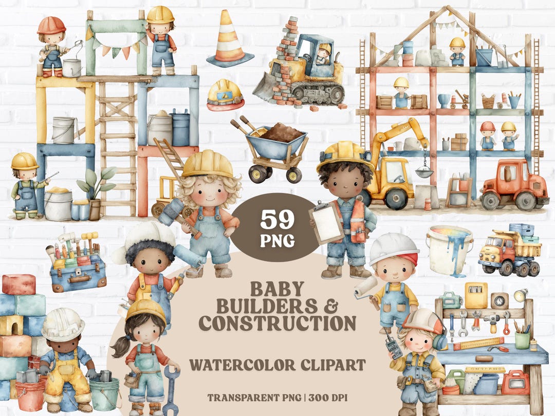 Construction Watercolor Clipart: Baby Builders, Trucks, Tools (59 PNG ...