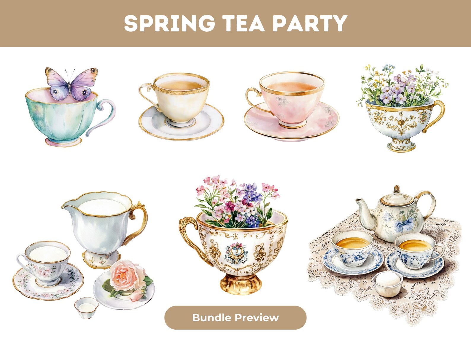 Vintage Tea Party Clipart: Watercolor Floral Afternoon (59 PNG) - Etsy