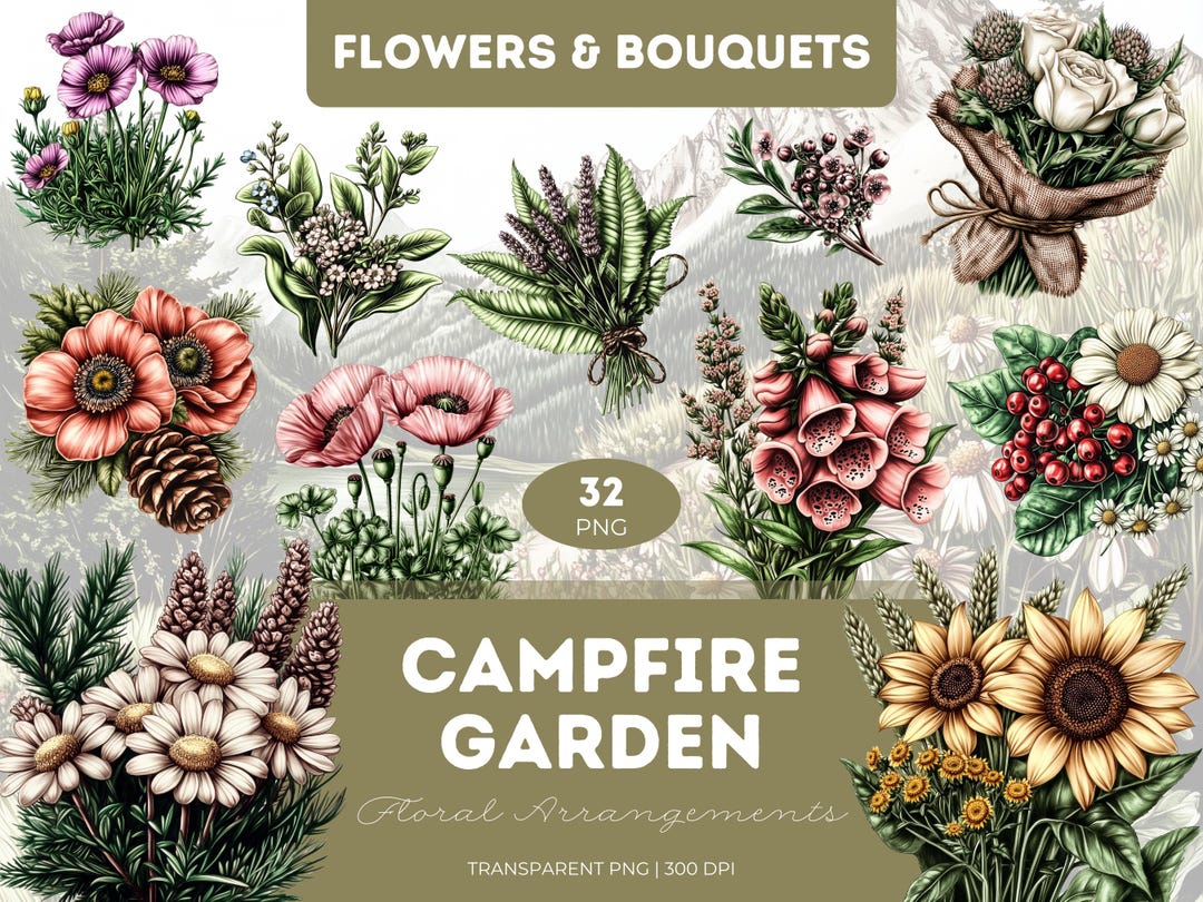 Campfire Flowers Camping Clipart Watercolor PNG Floral Bouquets ...