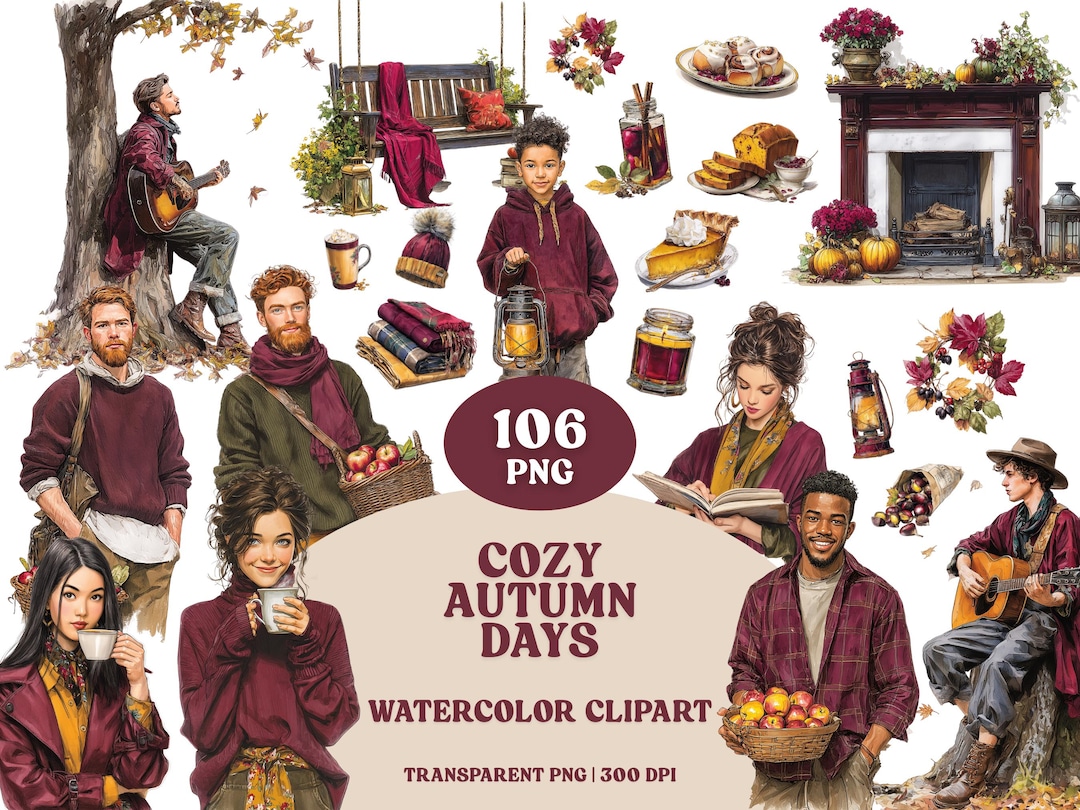 Watercolor Autumn Clipart Bundle: Cozy Fall PNG Graphics (digital ...