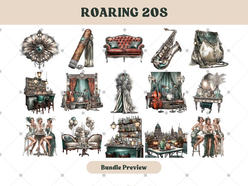 Roaring 20s Clipart Bundle: Watercolor Flapper Girls, Jazz Instruments ...
