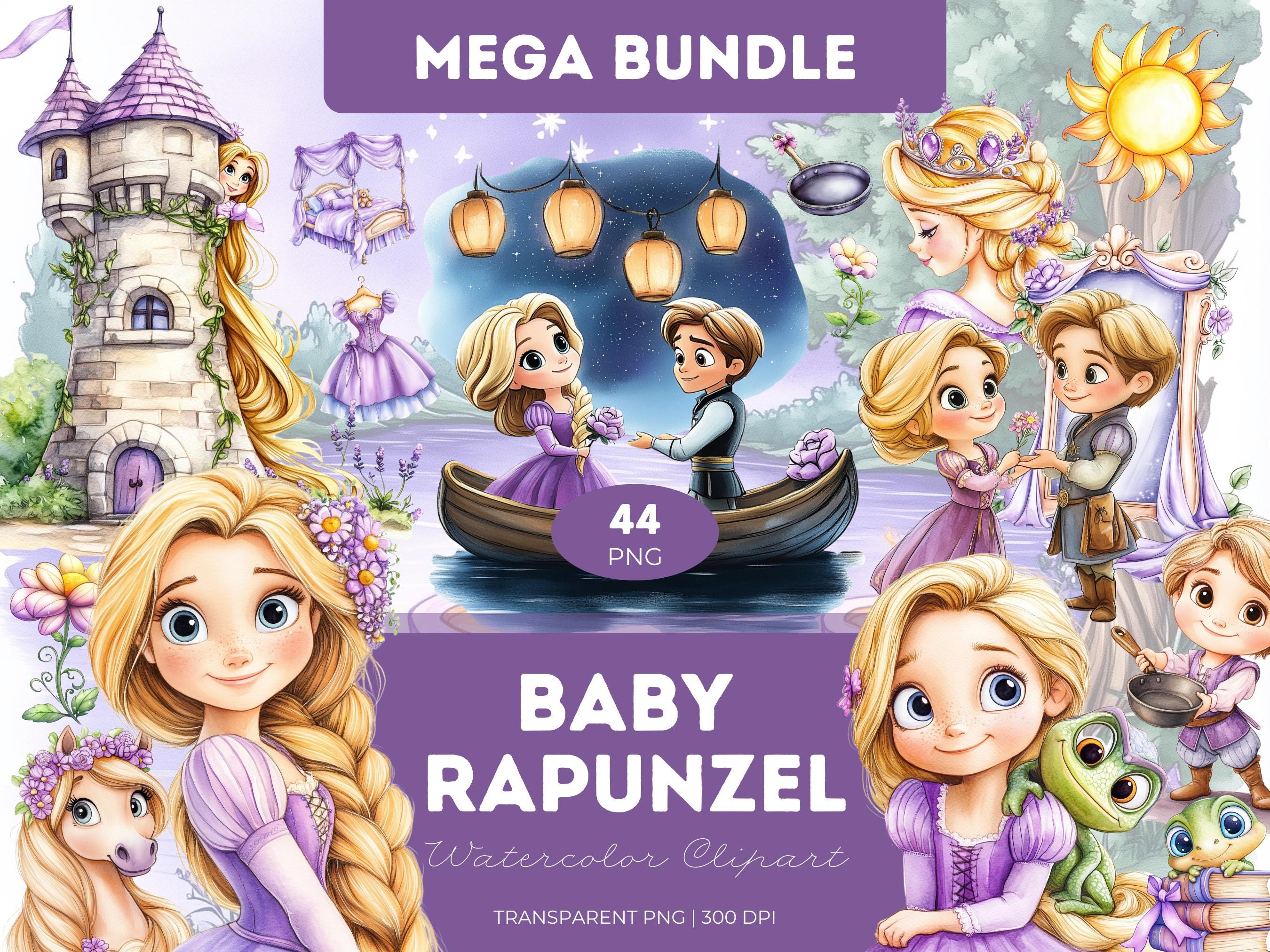 Baby Rapunzel Watercolor Clipart Bundle, Tangled Princess (PNG) - Etsy