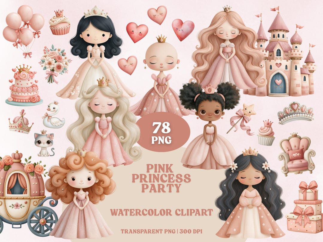 Pink Princess Birthday Clipart Bundle | Watercolor Castle, Crown, Cake ...