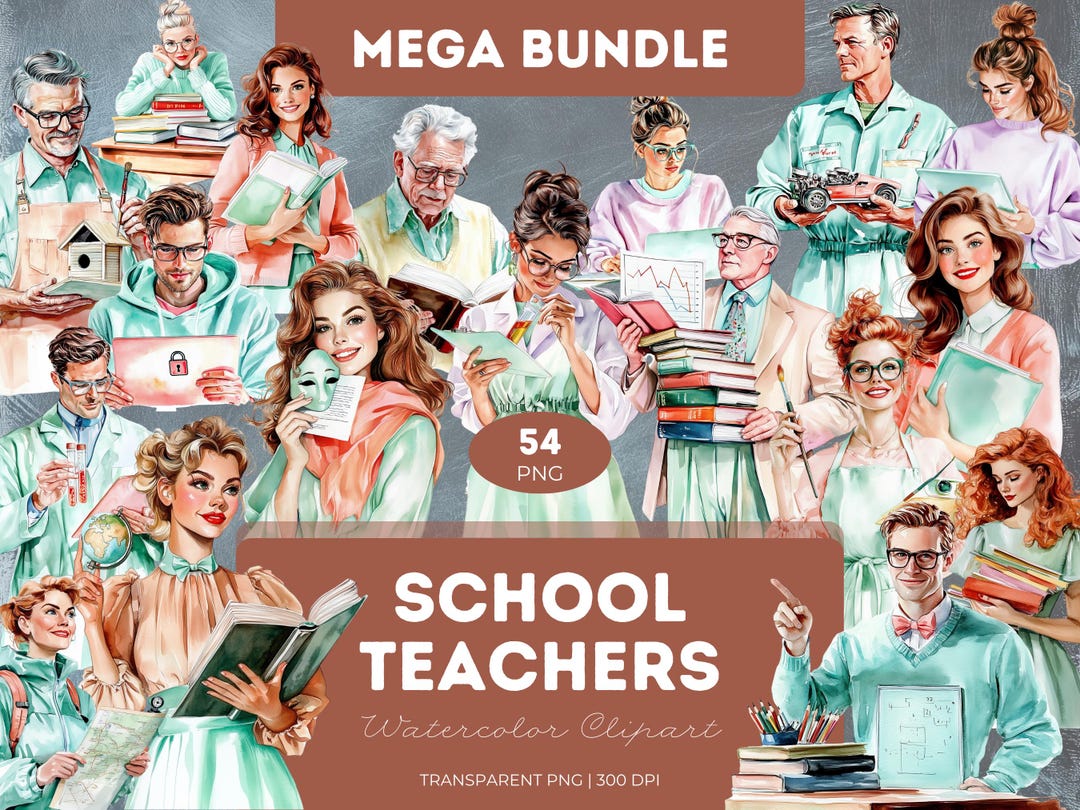 Teacher Clipart Bundle – 54 Pngs, Watercolor School Illustrations, Back ...