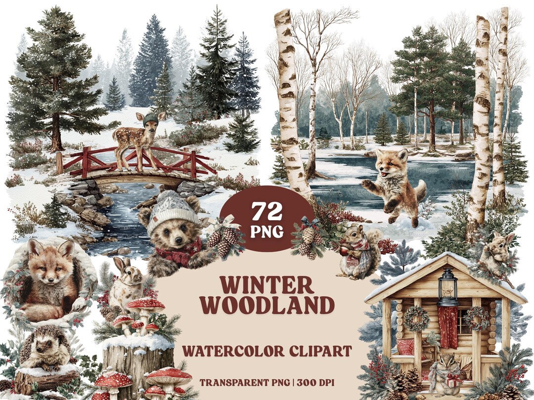 Winter Woodland Watercolor Clipart | Snowy Forest Animals, Cabin, Birch ...
