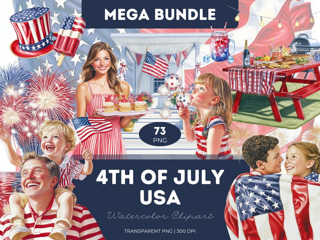 4th of July Watercolor Clipart Bundle: Patriotic USA Graphics (digital ...