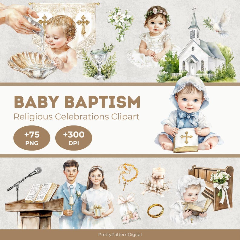 Baby Baptism Celebration Clipart Bundle 75 PNG Designs in 300 DPI for ...