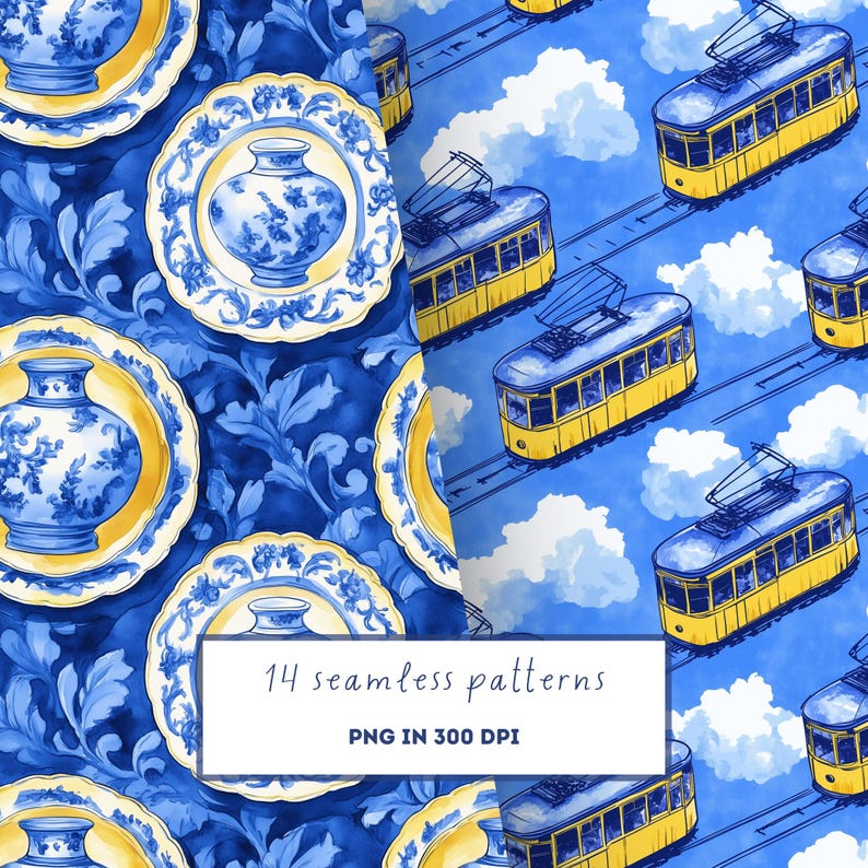 Lisbon Elegance Seamless Patterns Watercolor Portuguese Charm Designs ...