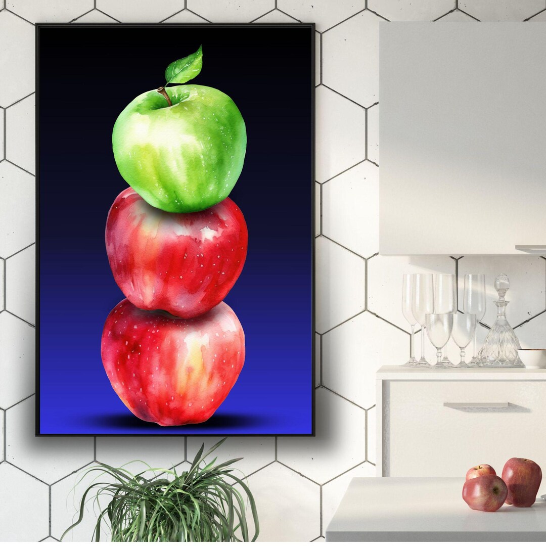 Red Apple Art Print Farmhouse Kitchen Wall Decor Green Apple Wall Art ...