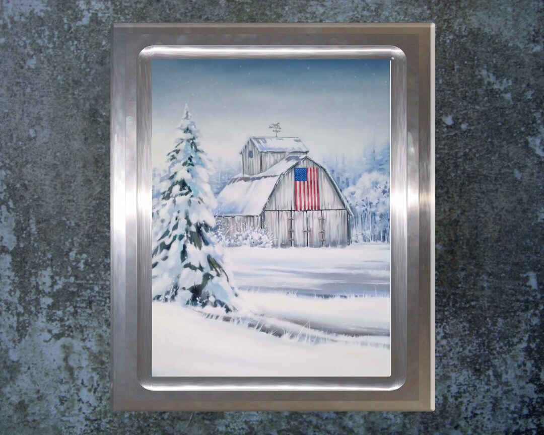 Patriotic American Flag Winter Barn Landscape Painting USA - Etsy